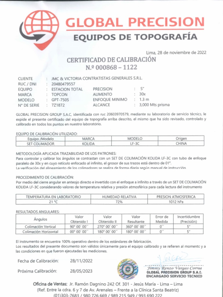 Certificado de Calibración - Estación Total | PDF
