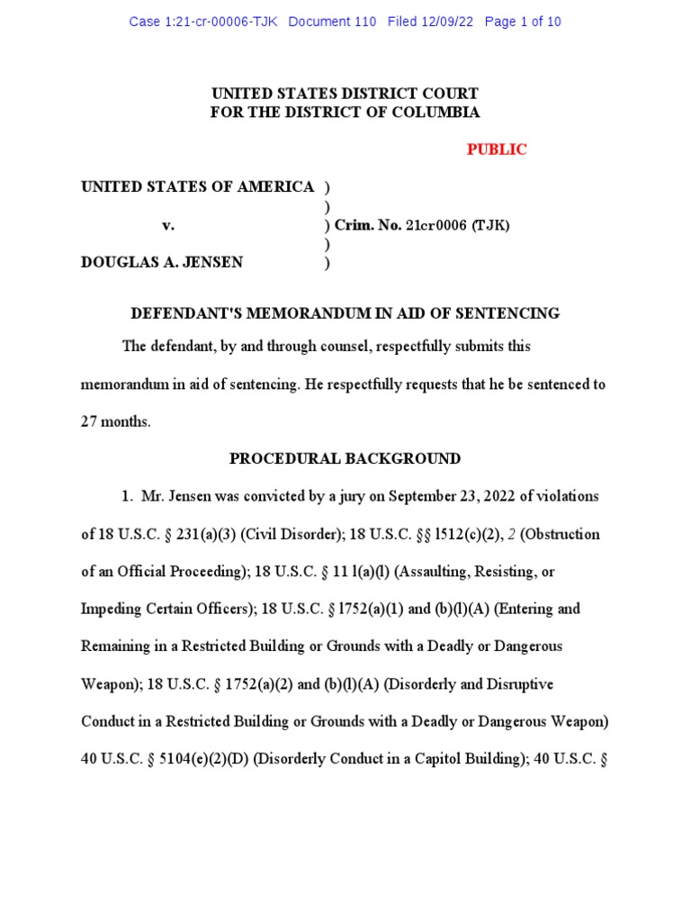 Defense Sentencing Memorandum RE: Doug Jensen | PDF | United States V ...