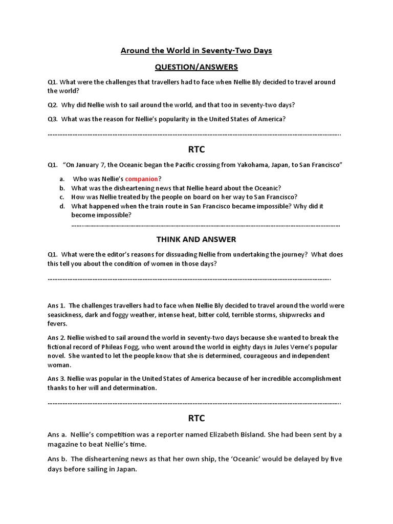 Around The World in Seventy Two Days Answer Key | PDF | Around The ...