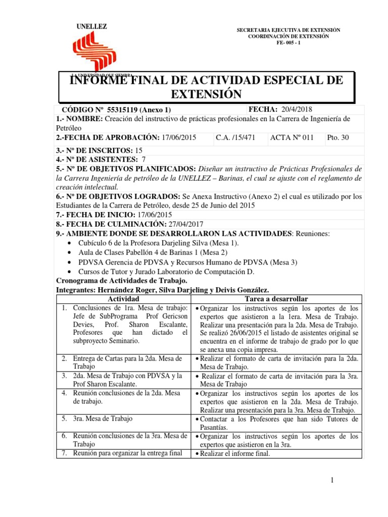II Formato Fe 005 Inf Final Act Esp Instructivo Pasantias Carrera Petroleo | PDF | Método ...