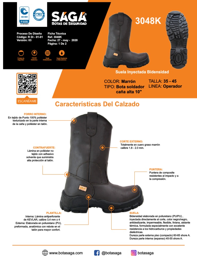 Botas de Seguridad SAGA Especificaciones Técnicas | PDF | Calzado | Materiales