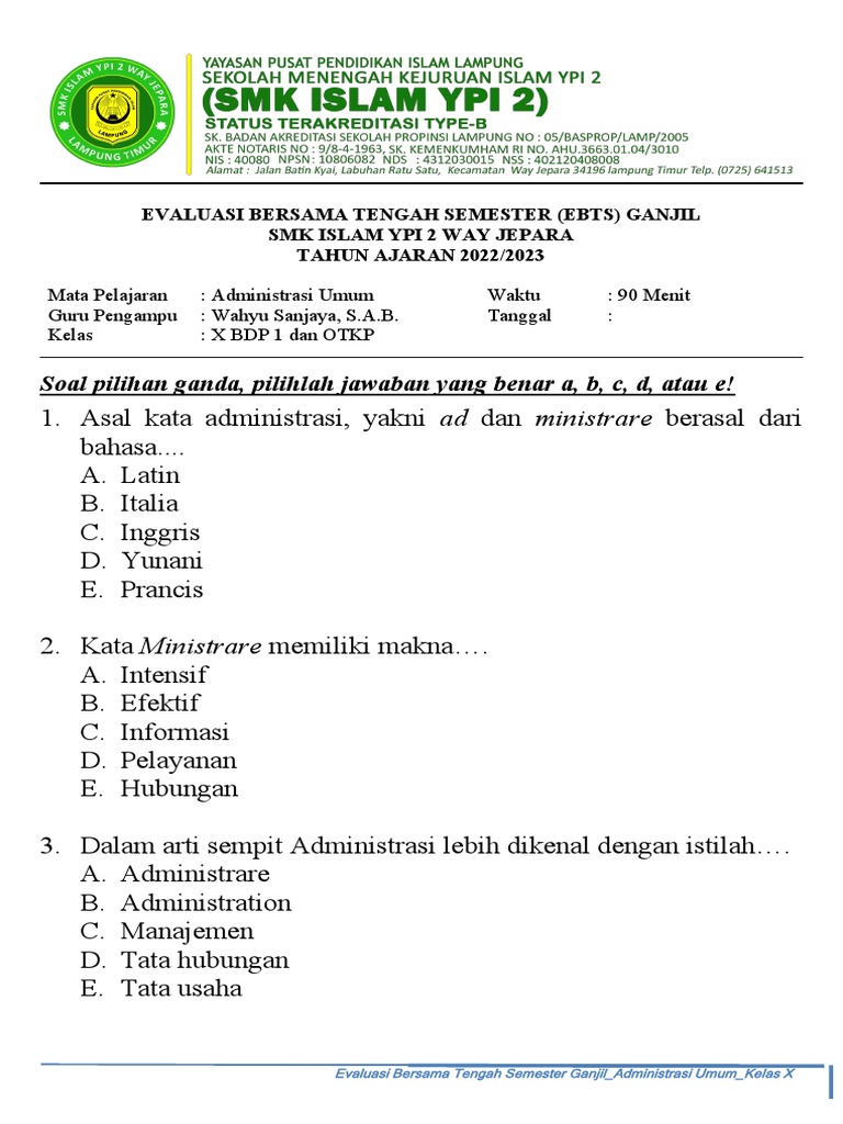 CContoh Soal Administrasi Umum - Kelas X BDP 1 & OTKP (Wahyu Sanjaya, S.A.B.) | PDF