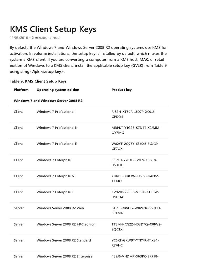 Kms Client Setup Keys Microsoft Docs Pdf Windows Server 2008 Microsoft Windows