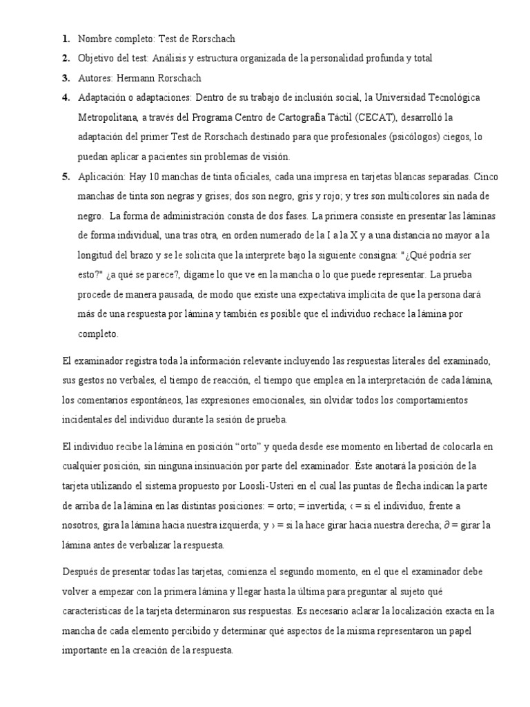 Test de Rorschach. Ficha | PDF | Cognición | Ciencias del comportamiento