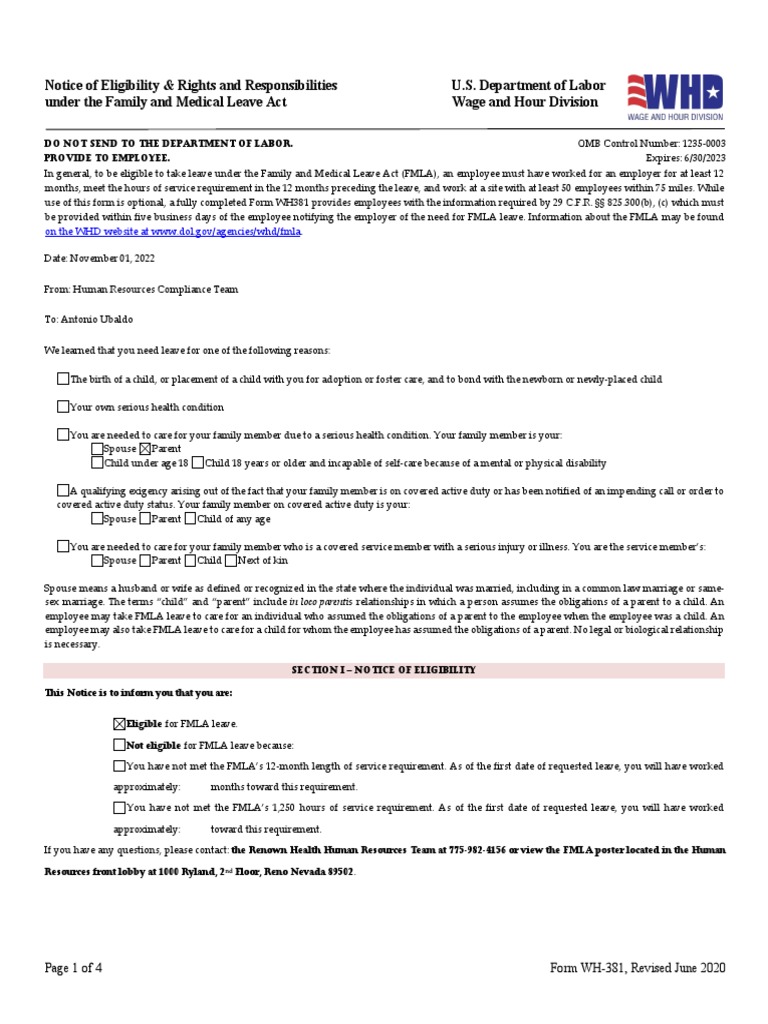 FAMILY MEMBER Notice of Eligibility Rights & Resp Template (WH-381 Exp ...