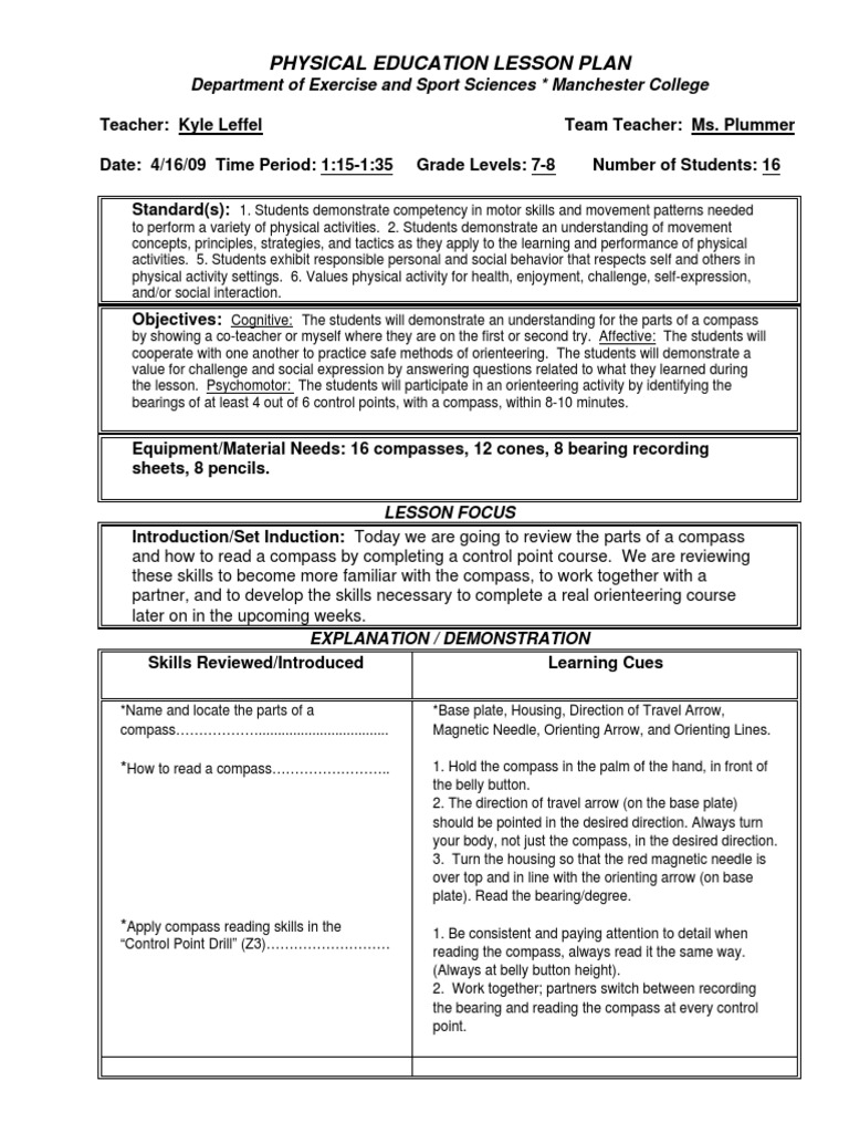 Orienteering Lesson Plan 1 | PDF | Compass | Lesson Plan