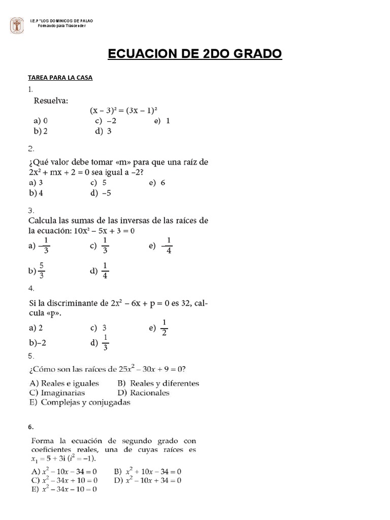 Tarea Ecuacion de 2do Grado | PDF