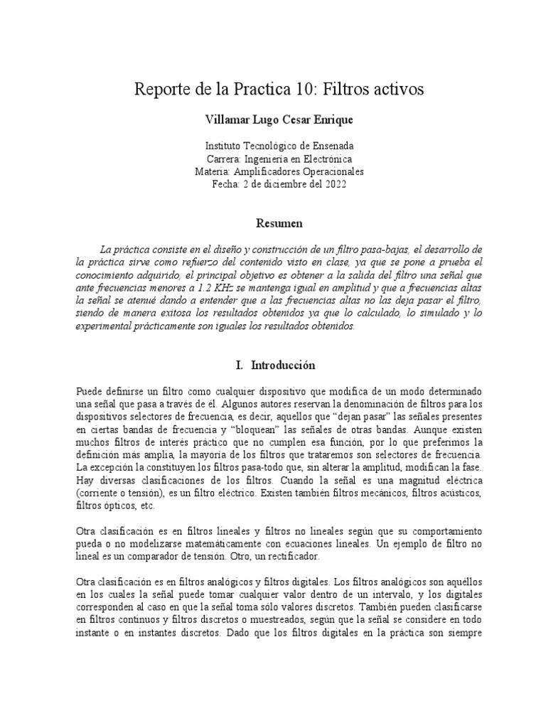 Practica 10 | PDF | Filtro electronico | Amplificador operacional