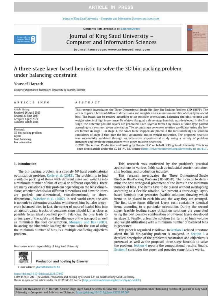 A Three Stage Layer Based Heuristic To Solve The 3d Bin Packing Problem Pdf Linear Programming 