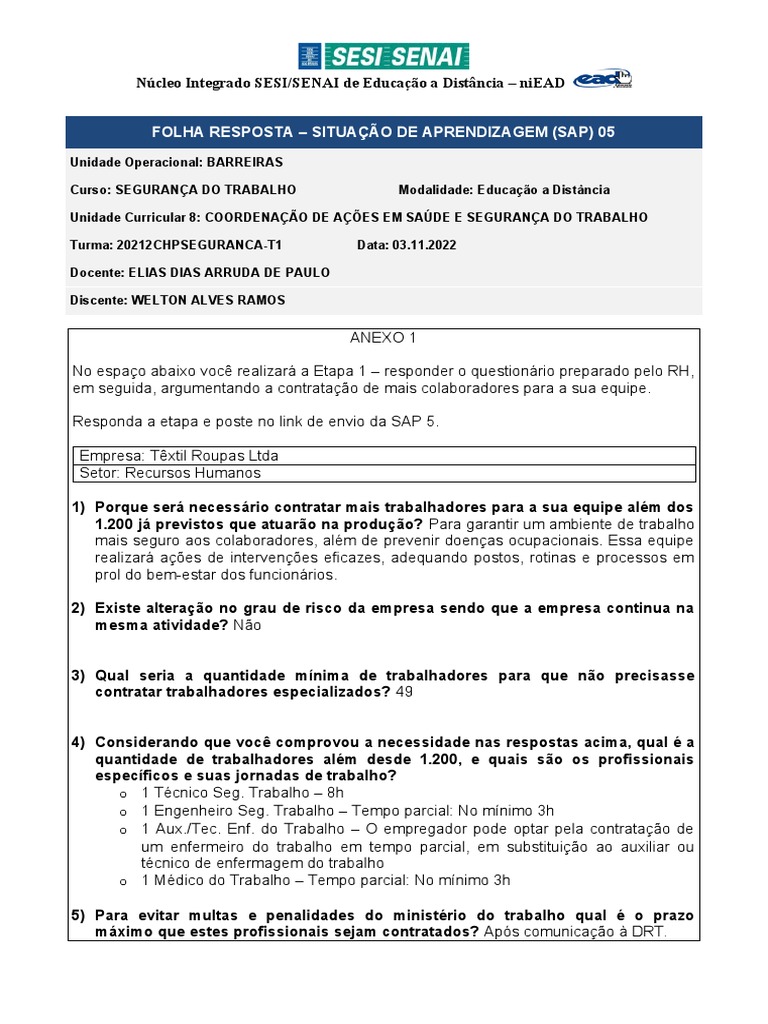 SAP 5 Folha Resposta - Anexo 1 - Welton Alves | PDF