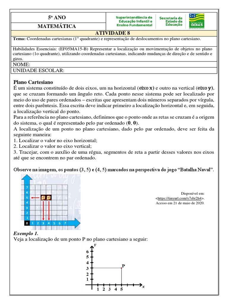 Atividade 8 5o Ano Matematica Tema Coordenadas Cartesianas 1o Quadrante ...
