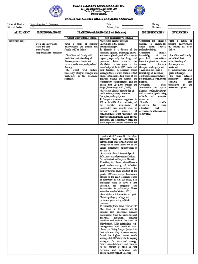 NCP Cystic Fibrosis (Example) | PDF | Therapy | Medicine