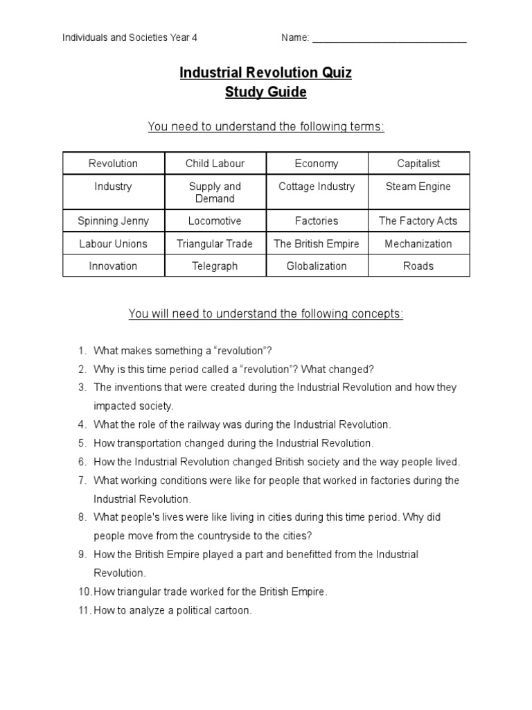 Study Guide For Industrial Revolution Quiz | PDF