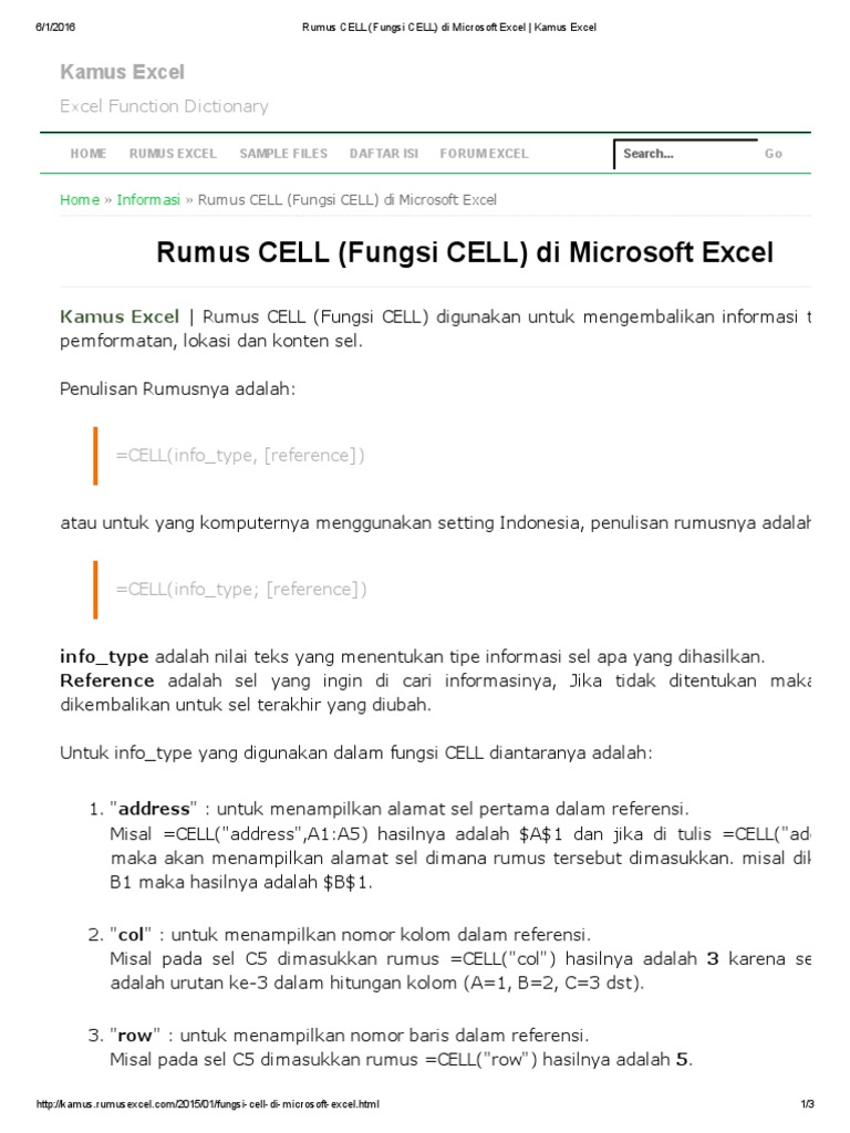 Rumus CELL (Fungsi CELL) Di Microsoft Excel - Kamus Excel | PDF