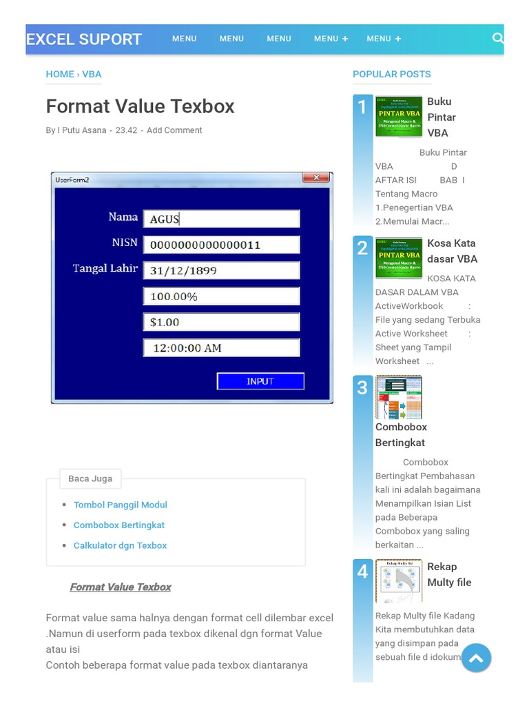 Format Value Texbox - Excel Suport | PDF