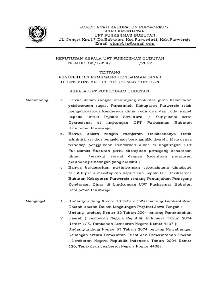 SK. PEMEGANG KENDARAAN DINAS 2021 Bubutan | PDF