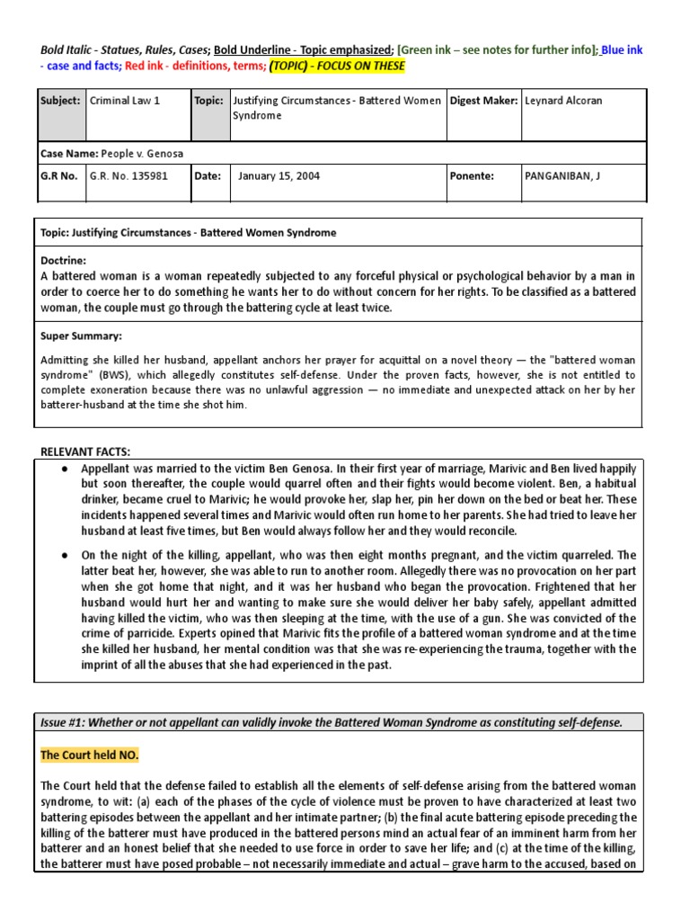 Criminal Law Case Digest: People v. Genosa examines the "Battered Woman ...