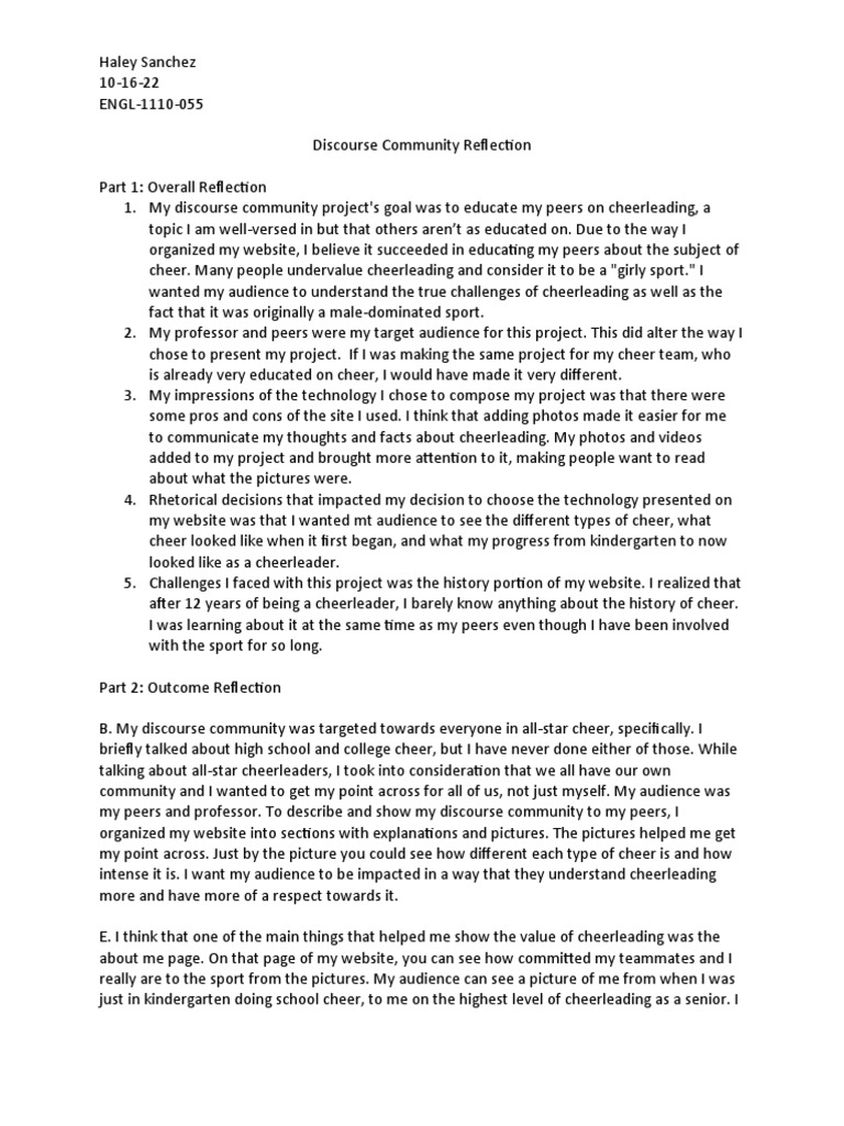 Discourse Community Reflection | PDF | Cheerleading | Communication