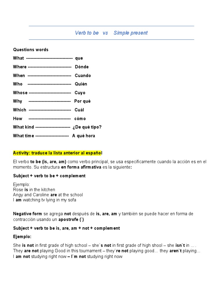 Verb To Be Vs Simple Present With Activities | PDF | English Language ...
