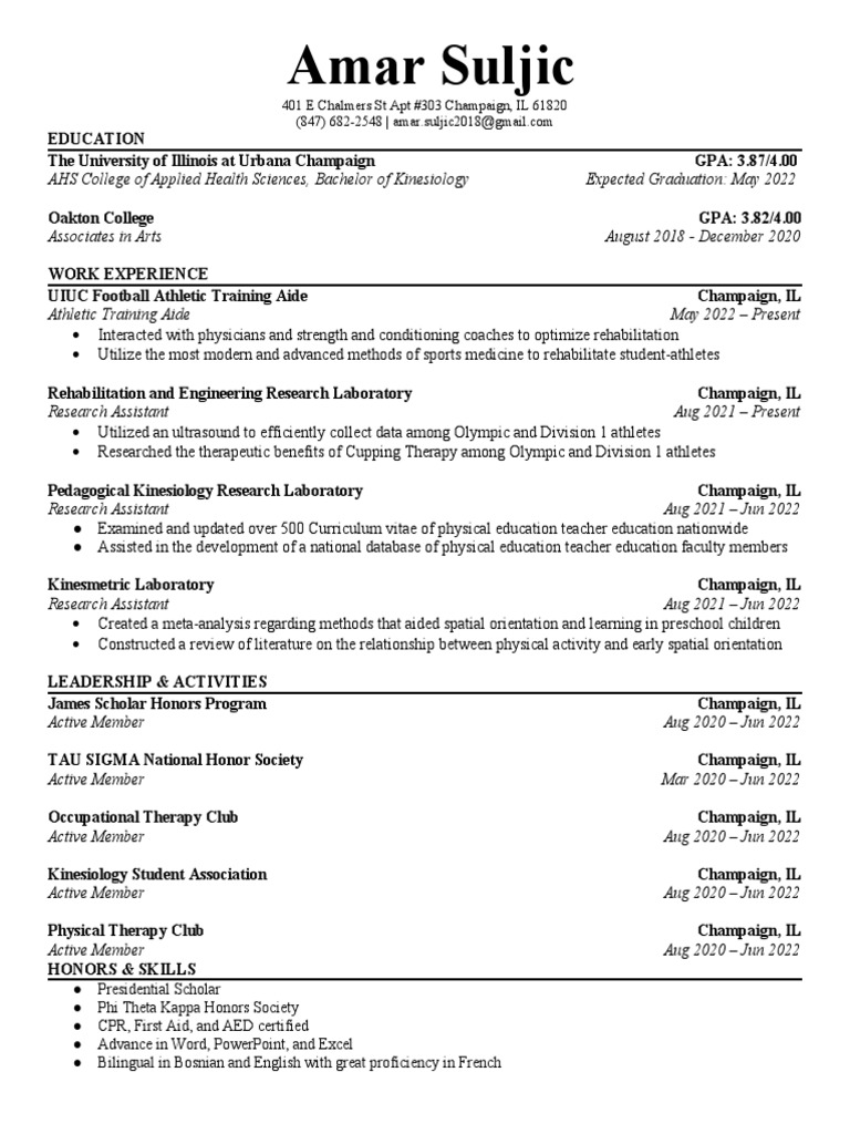 Amar Suljic: Kinesiology Resume | PDF | Physical Therapy | Health Care