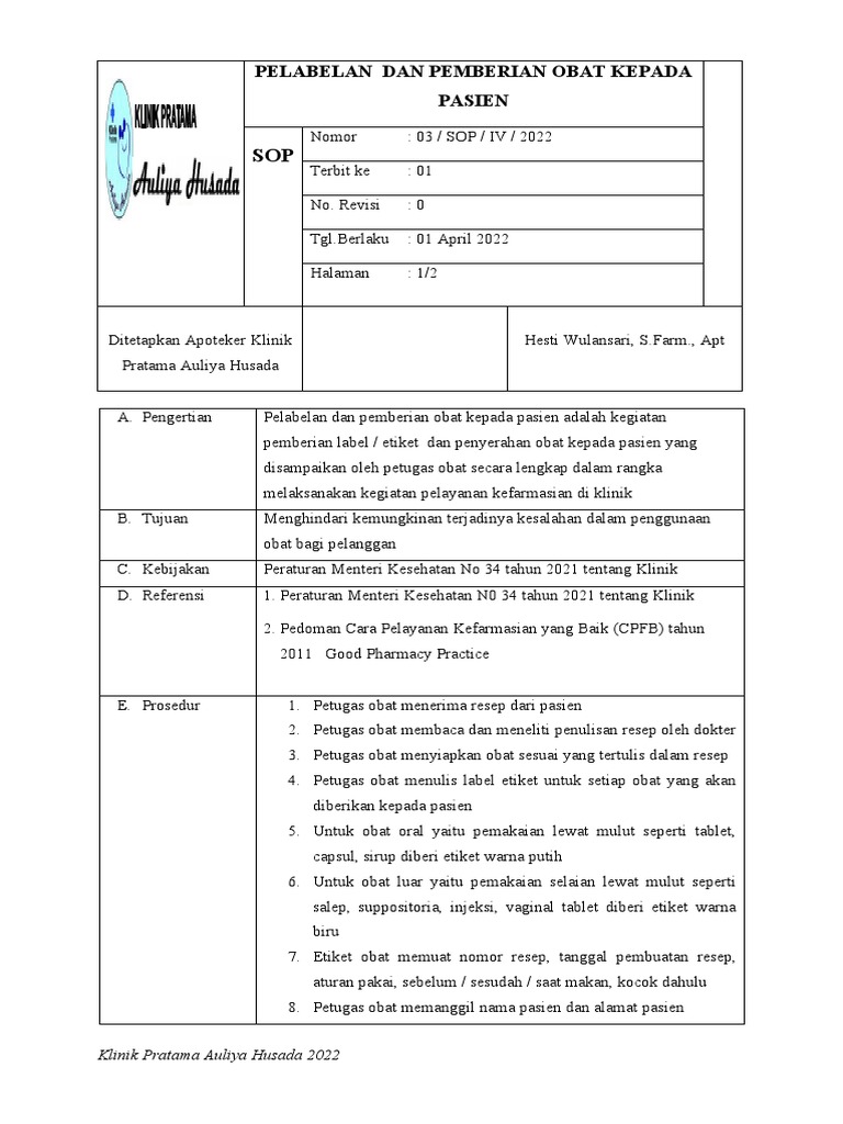 SOP Pelabelan Obat Pasien | PDF | Pengembangan Diri