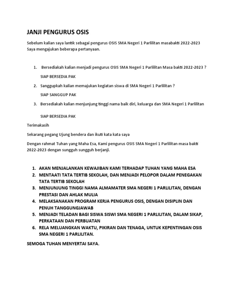 Janji Pengurus Osis | PDF | Karier & Perkembangan