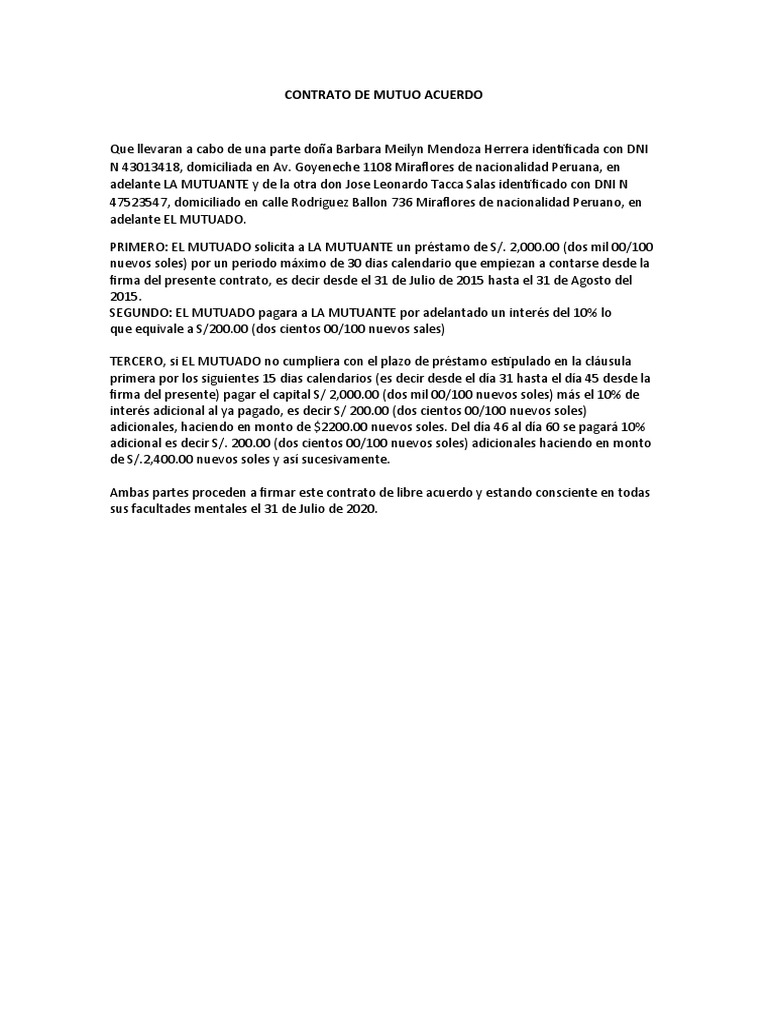 Contrato de Mutuo Acuerdo | PDF