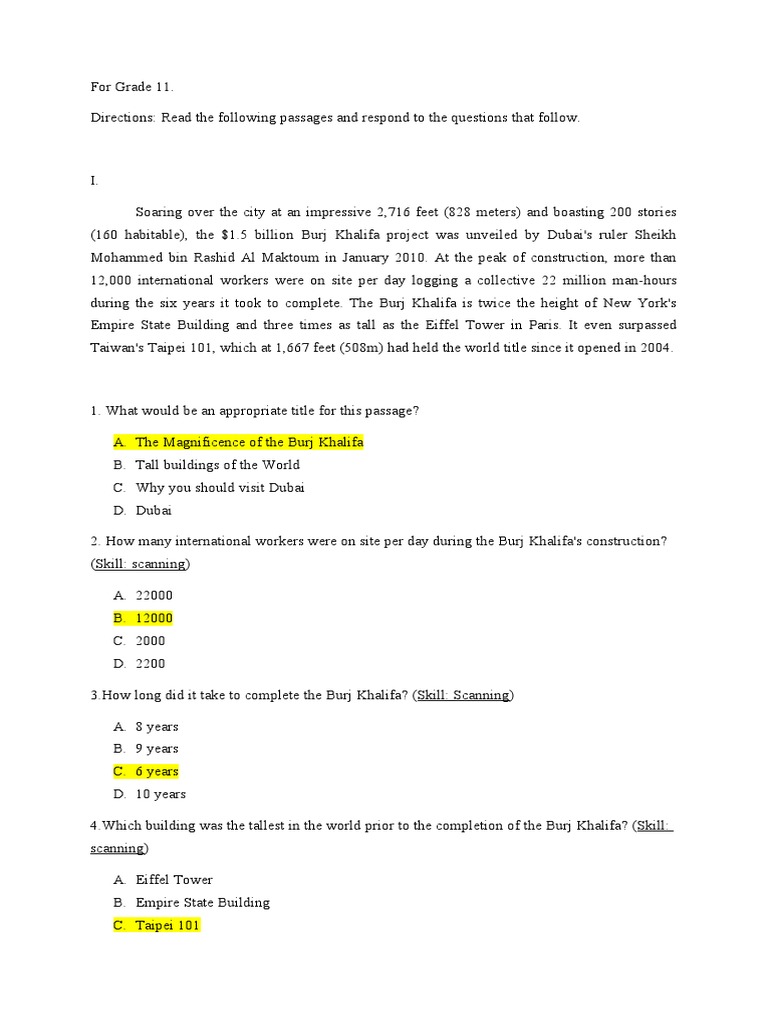 For Grade 11 - English Passage | PDF