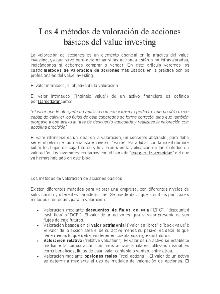 Los 4 Métodos de Valoración de Acciones Básicos Del Value Investing | PDF | Compartir (Finanzas ...