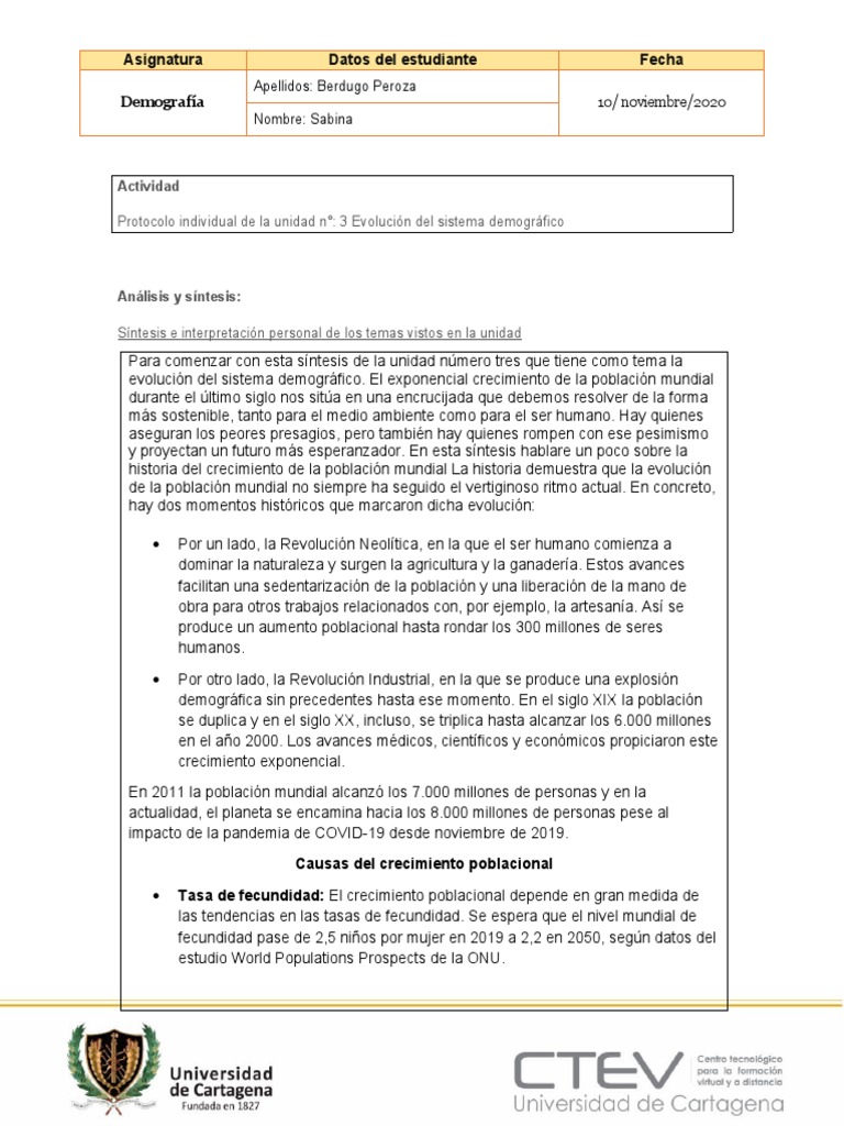 Plantilla Protocolo Individual Demografia Unidad 3 | PDF | Demografía | Población mundial