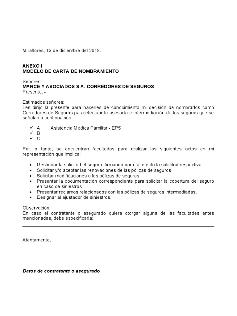 Modelo Carta de Nombramiento | Descargar gratis PDF | Póliza de seguros | Seguro
