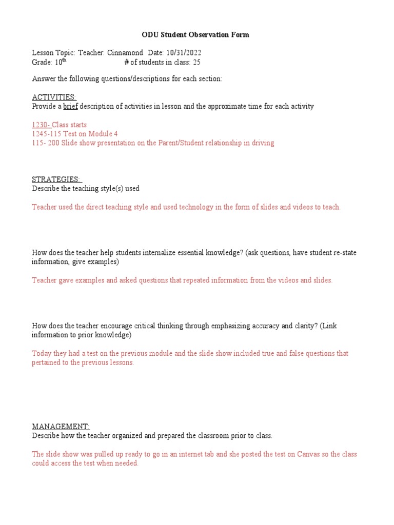 Student Observation Form 1031 | PDF | Teachers | Teaching Method