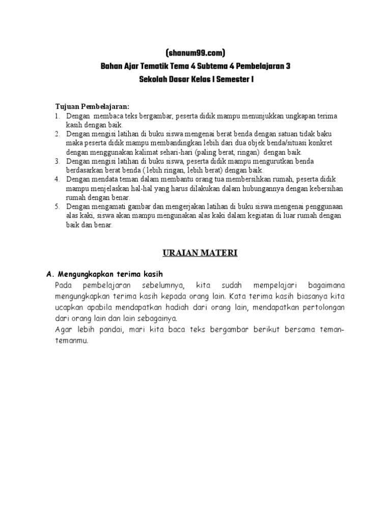 Bahan Ajar Kelas 1 Tema 4 Subtema 4 PB 3 | PDF