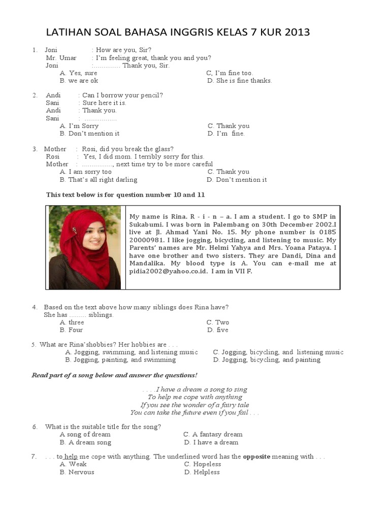 Latihan Soal Bahasa Inggris Kelas 7 Kur 2013 | PDF