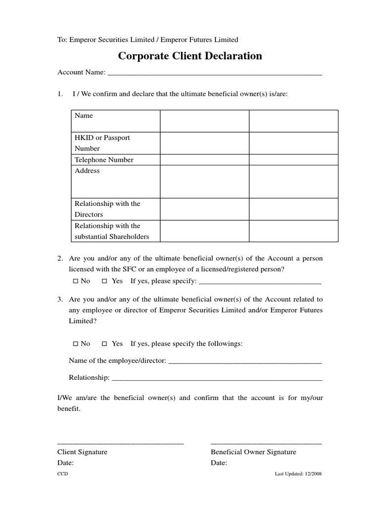 Corporate Client Declaration Form | PDF | Finance & Money Management