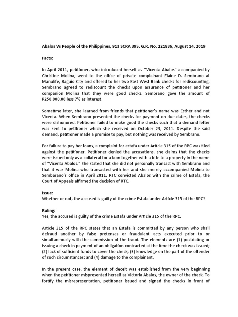 Abalos Estafa Case Summary: G.R. No. 221836 | PDF | Fraud | Common Law