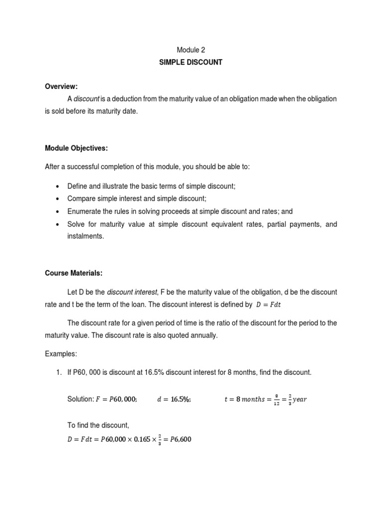 Module 2: Calculating Simple Discounts | PDF | Interest | Present Value