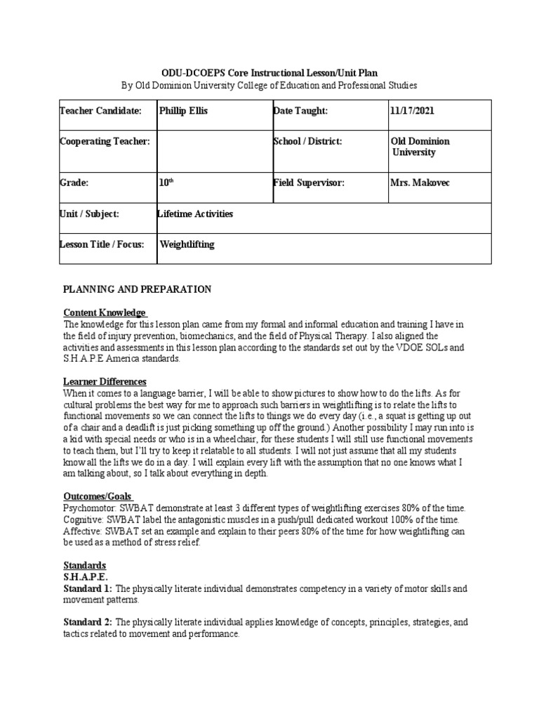 10th Grade Weightlifting Lesson Plan | PDF | Weight Training | Learning
