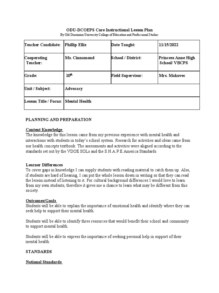 10th Grade Mental Health Lesson Plan | PDF | Teachers | Mental Health