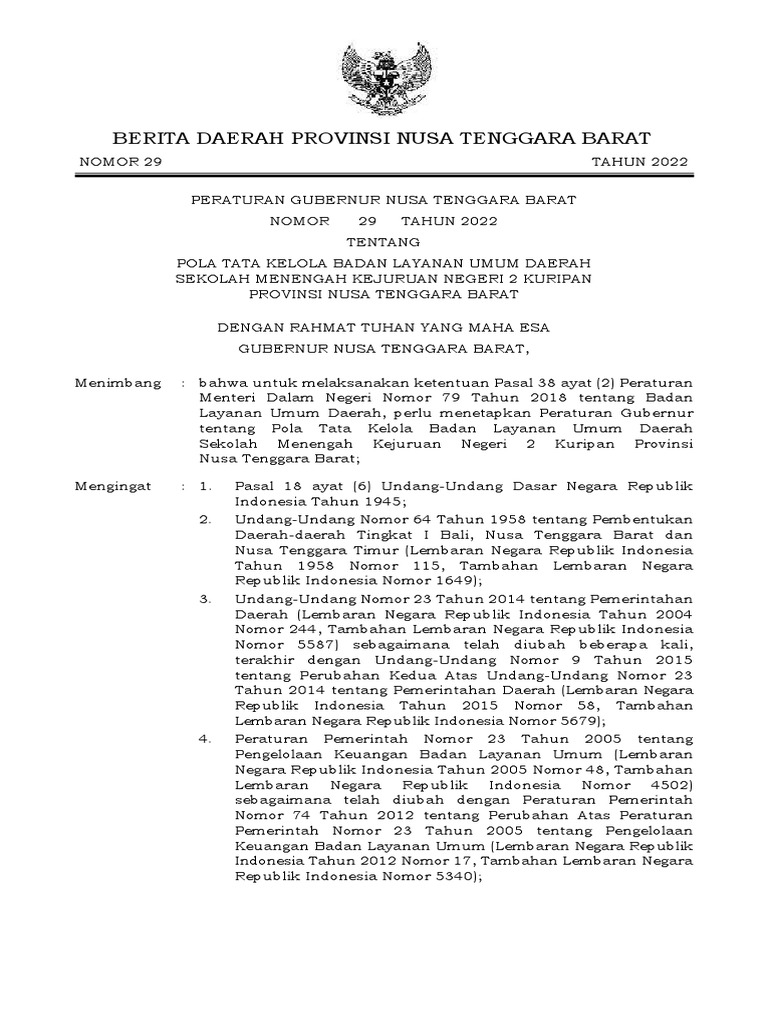 Pergub No. 29 Tahun 2022 TTG TATA KELOLA BLUD SMKN 2 KURIPAN | PDF