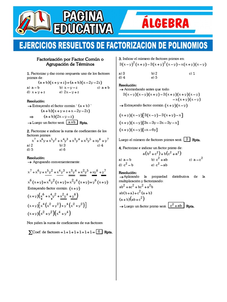 Ejercicios De Factorizacion Resueltos Pdf Factorización Por Factor