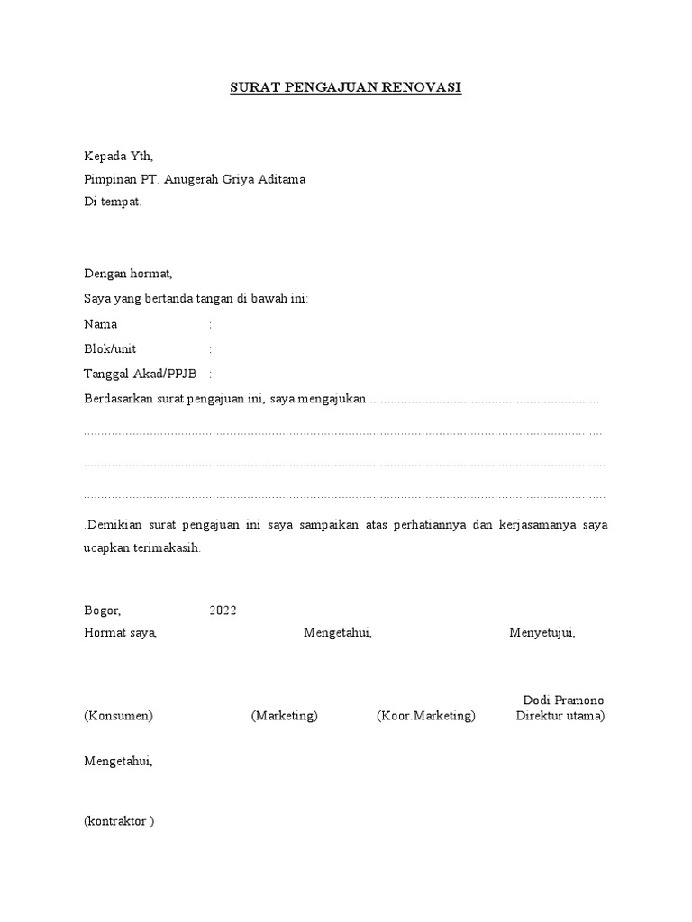 Surat Pengajuan Renovasi | PDF