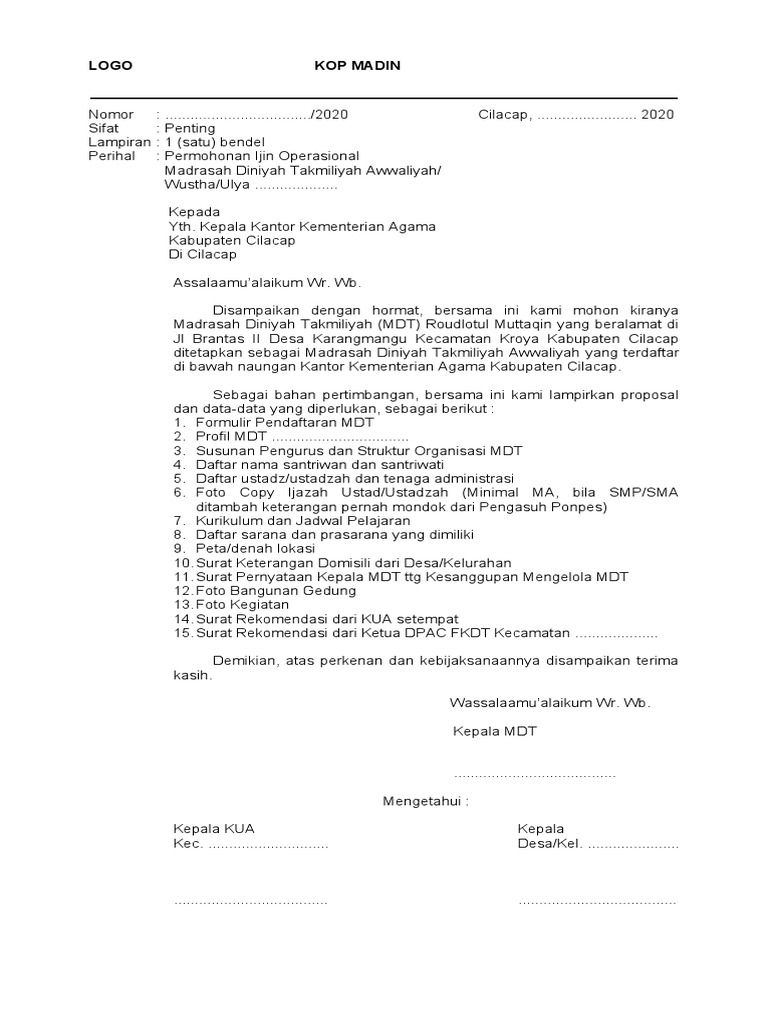 Contoh Surat Permohonan Ijin Operasional Madin | PDF