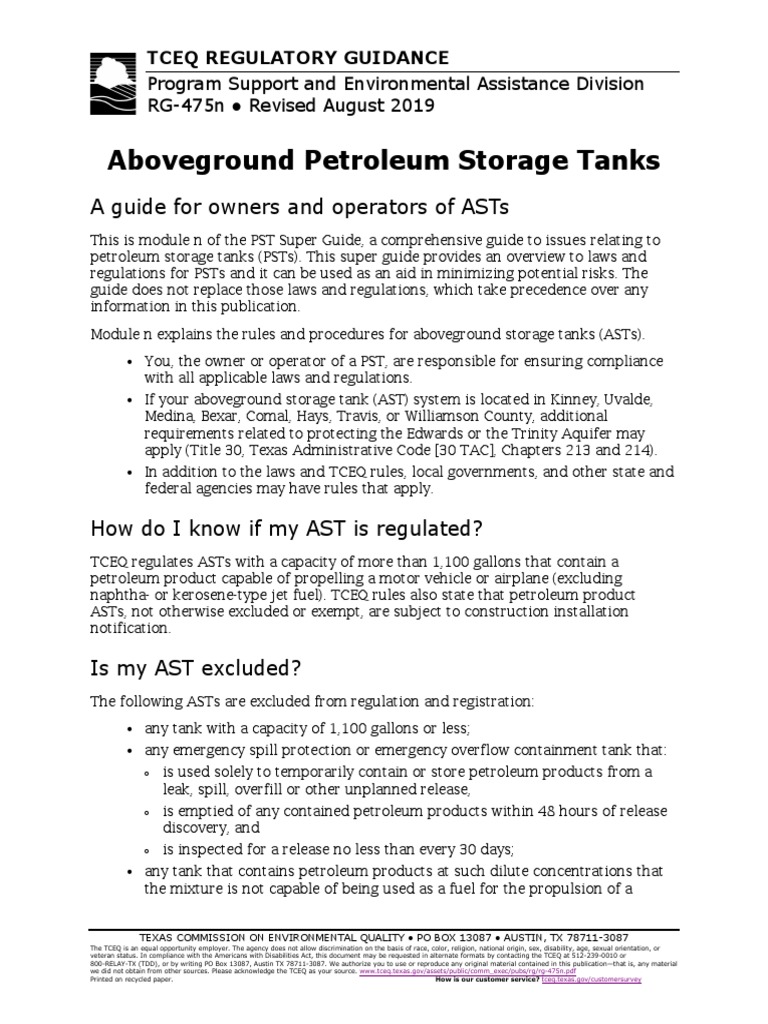 Aboveground Petroleum Storage Tanks: A Guide For Owners and Operators ...