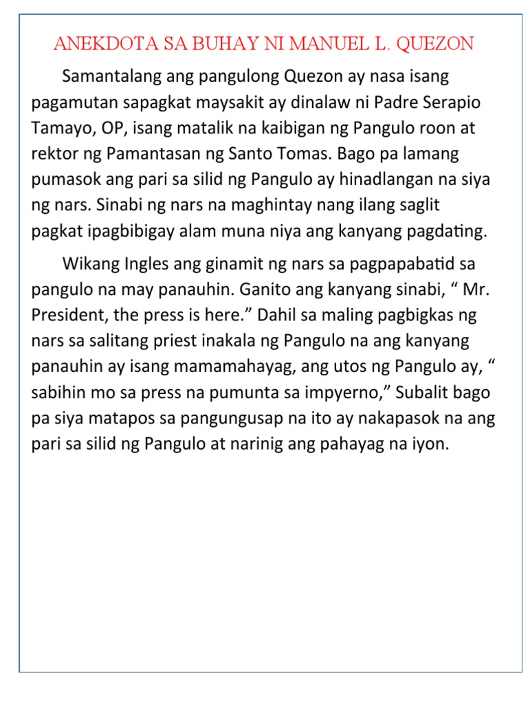 Anekdota Sa Buhay Ni Manuel L. Quezon | PDF