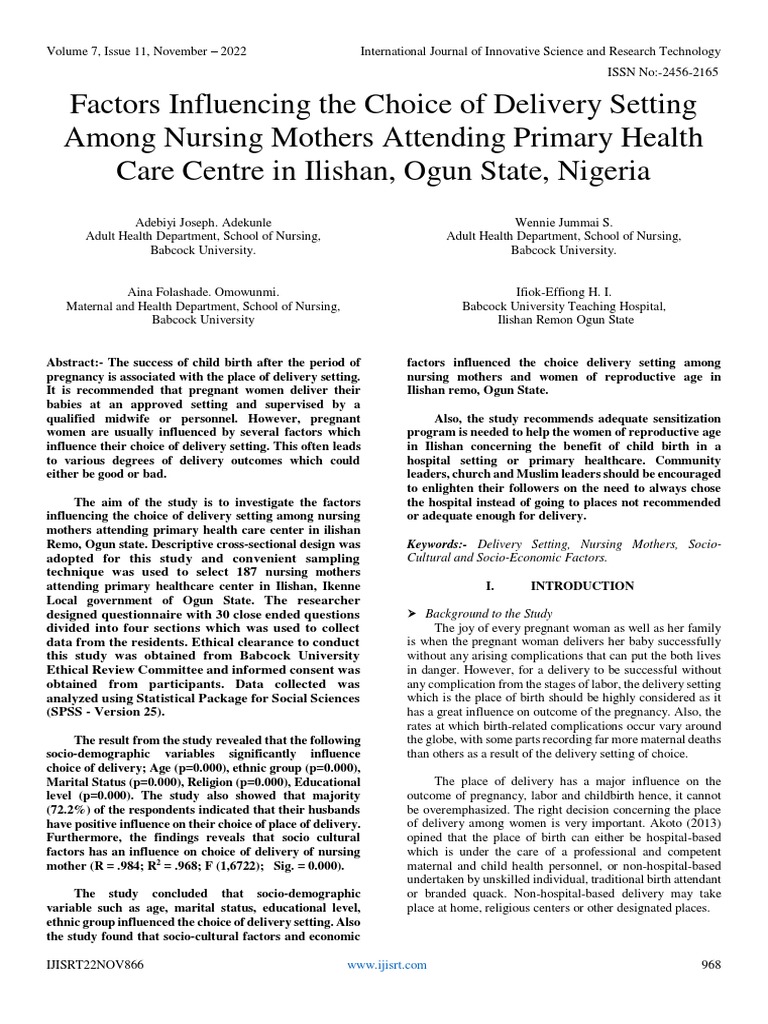 Factors Influencing The Choice of Delivery Setting Among Nursing ...