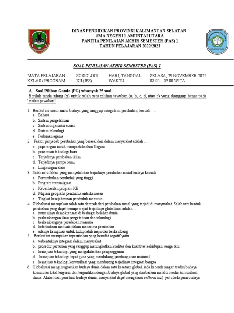 Sosiologi - Xii Soal Pas Ganjil 2022-23 | PDF