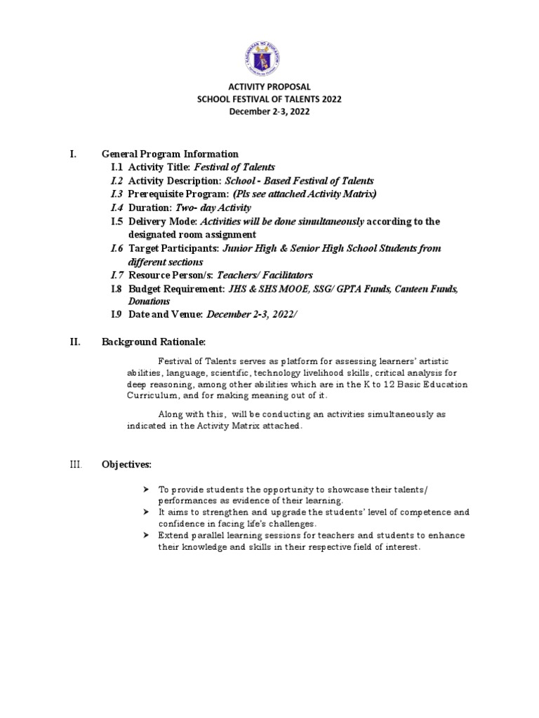 School Festival of Talents Activity Proposal | PDF
