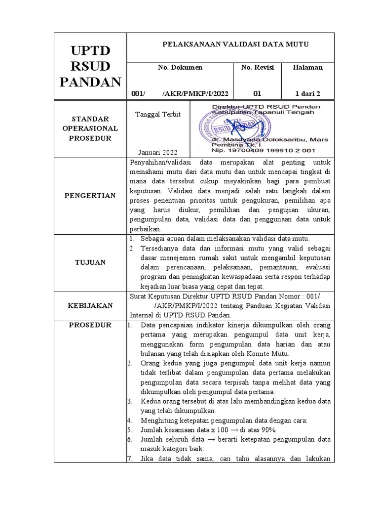SPO Pelaksanaan Validasi Data Mutu | PDF