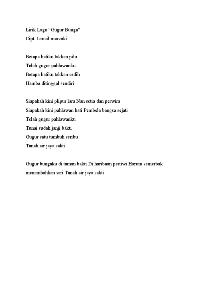Lirik Lagu Gugur Bunga Ismail Marzuki | PDF